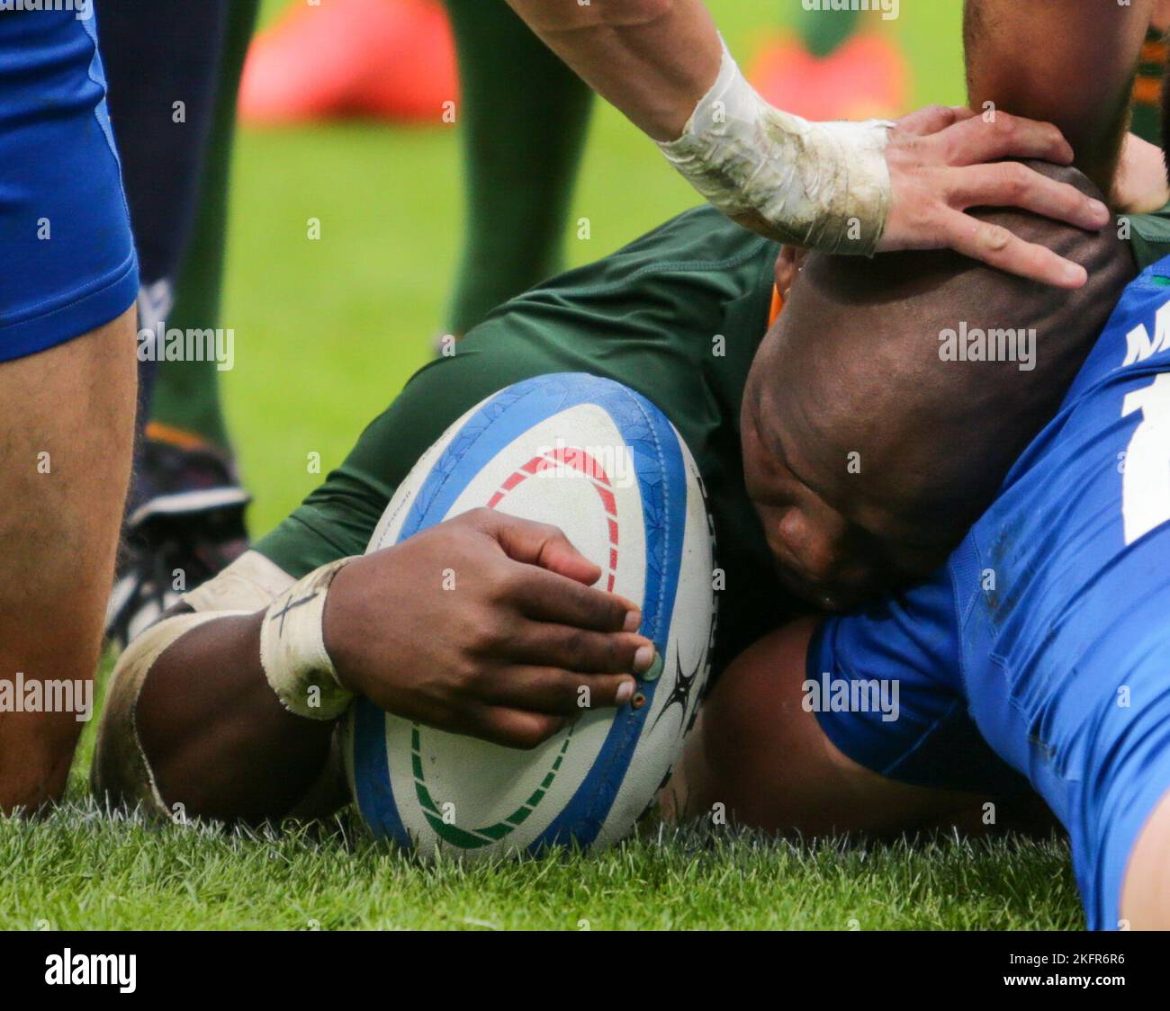 Genova, Italy, 19/11/2022, Bongi Mbonambi of South Africa scoring a try ...