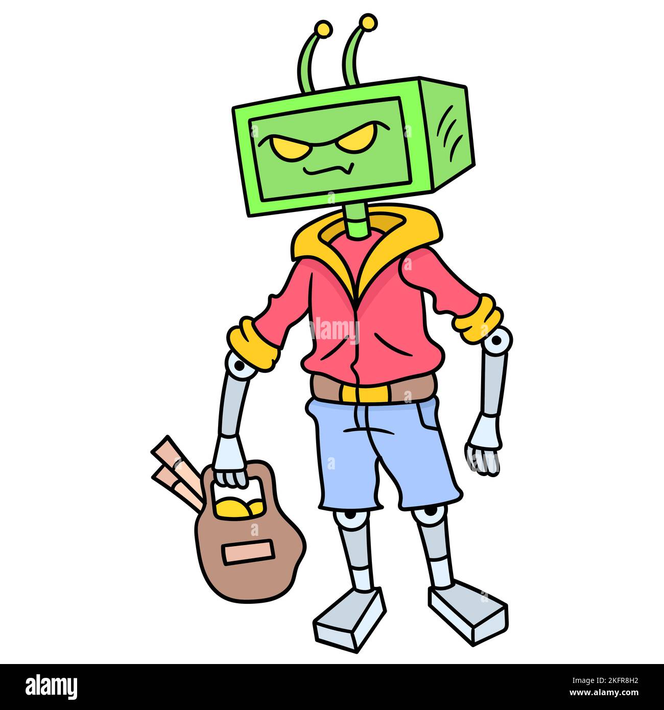 A digital illustration of a cute green computer robot character on a ...