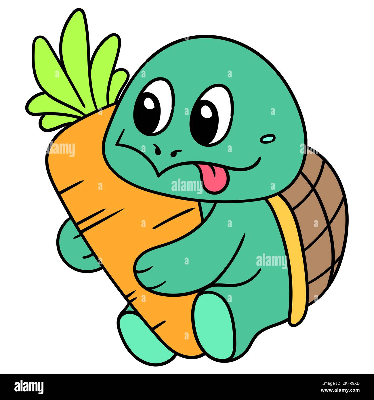 A digital illustration of a cute cartoon turtle holding a carrot on a ...