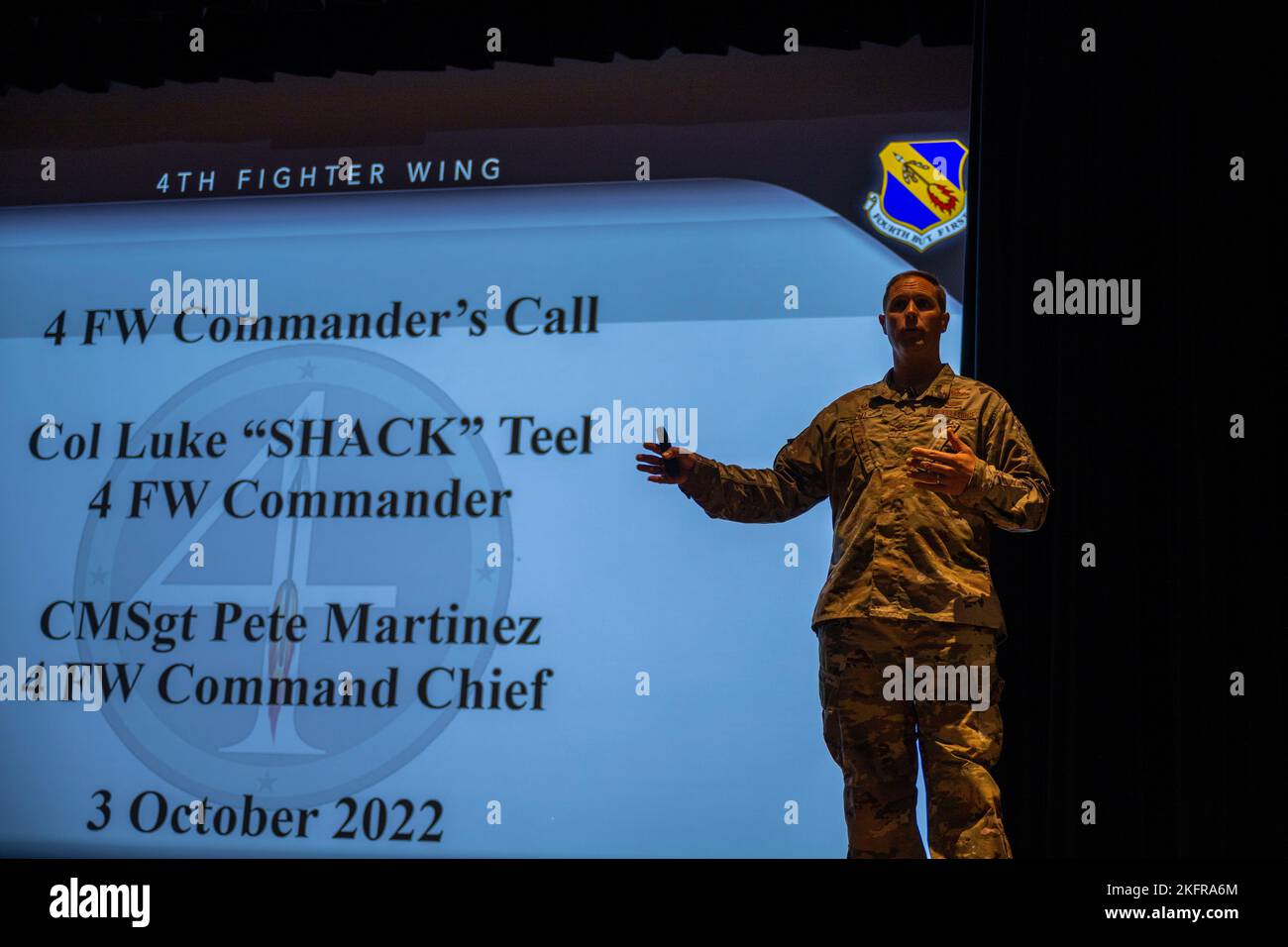 Col. Lucas Teel, 4th Fighter Wing commander, speaks during his first ...