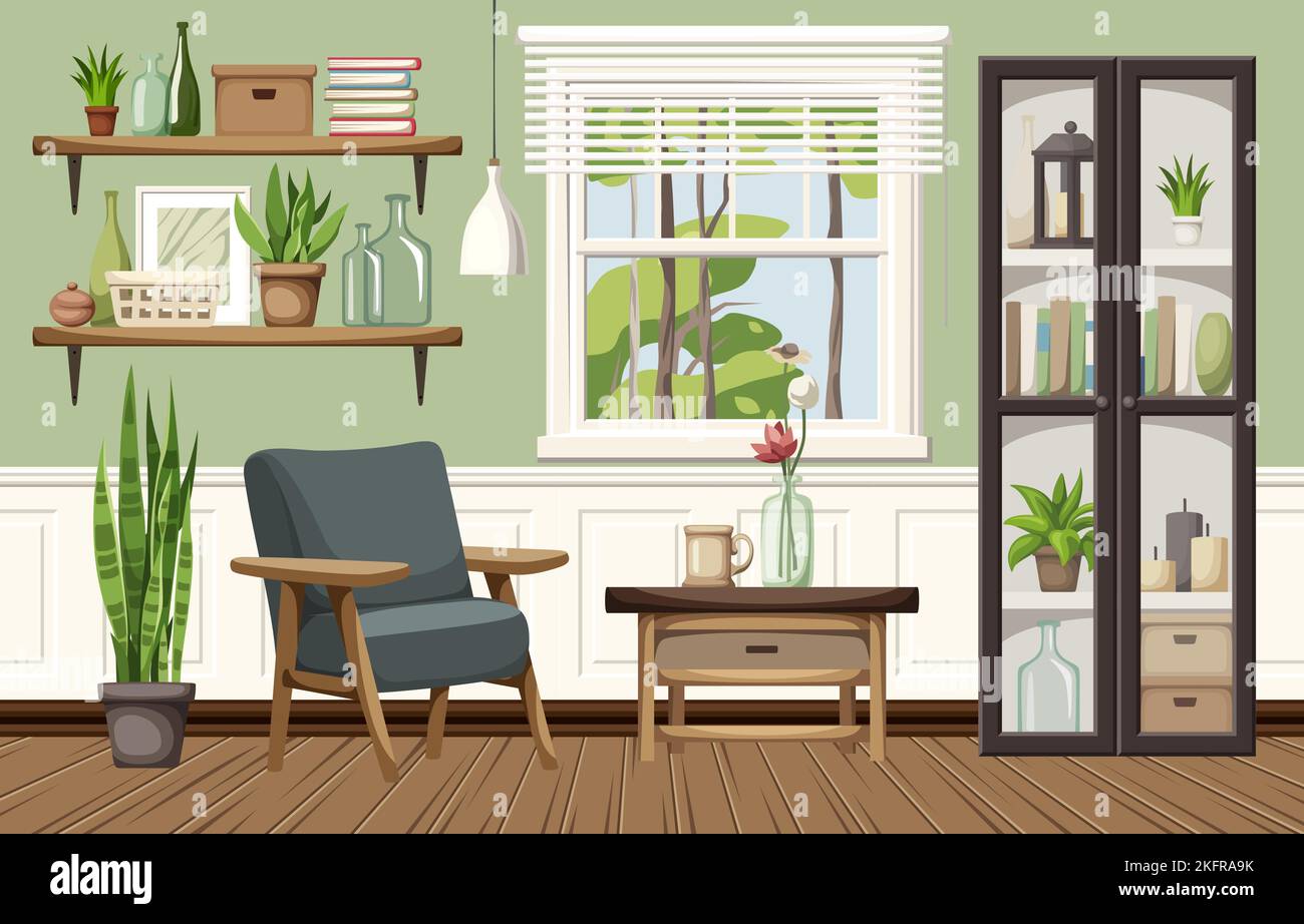 Living room interior with green walls, a black bookcase, an armchair ...