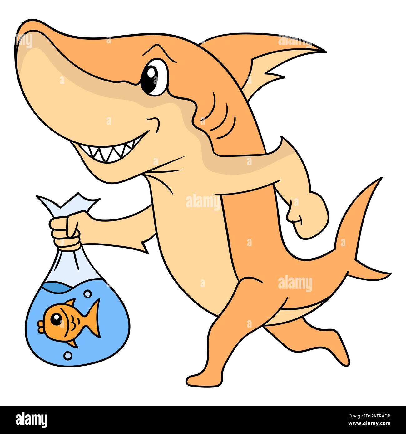 A vector illustration of a cute cartoon shark walking holding a fish in ...