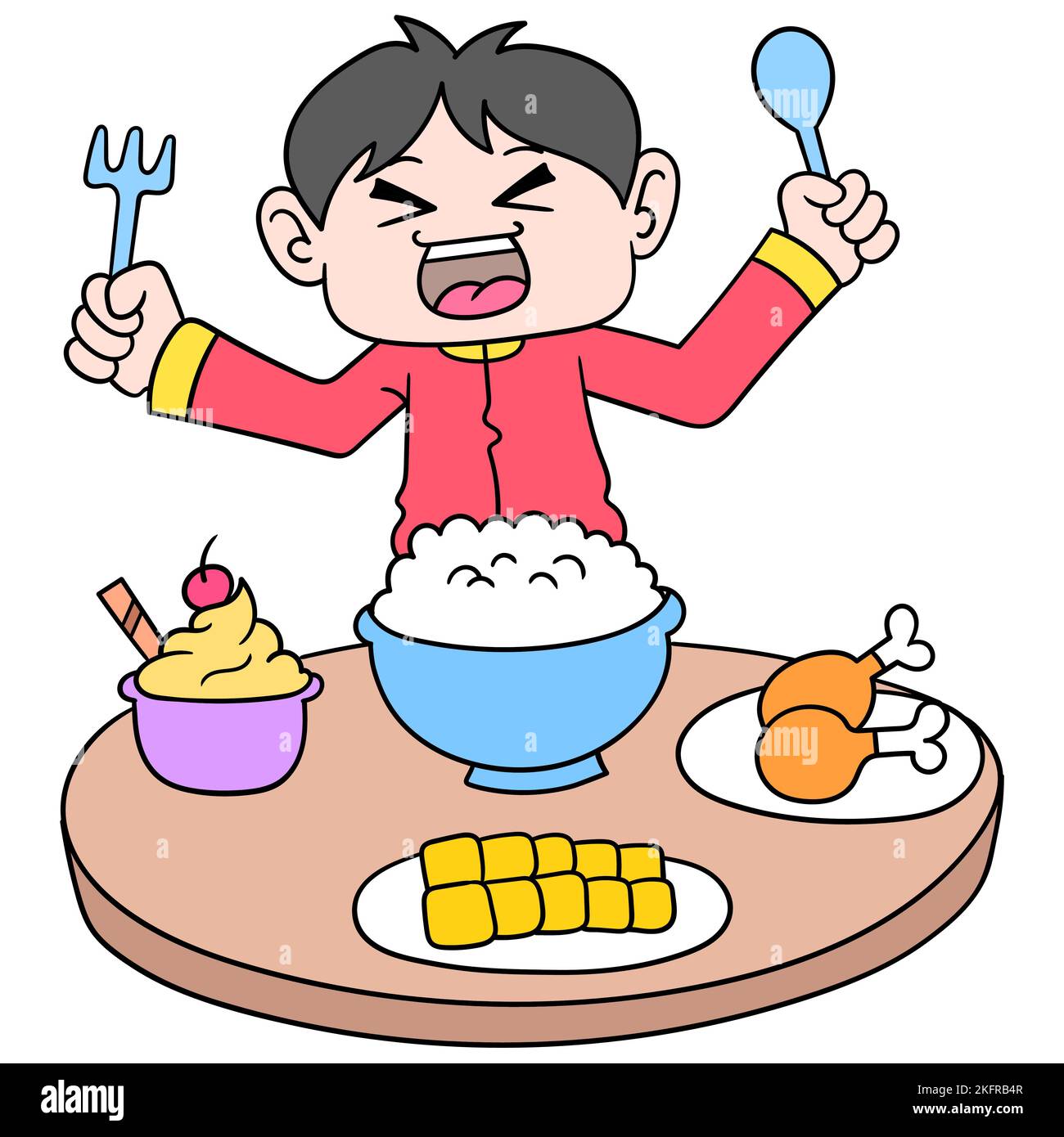 A vector illustration of a cute cartoon boy having a dinner Stock ...