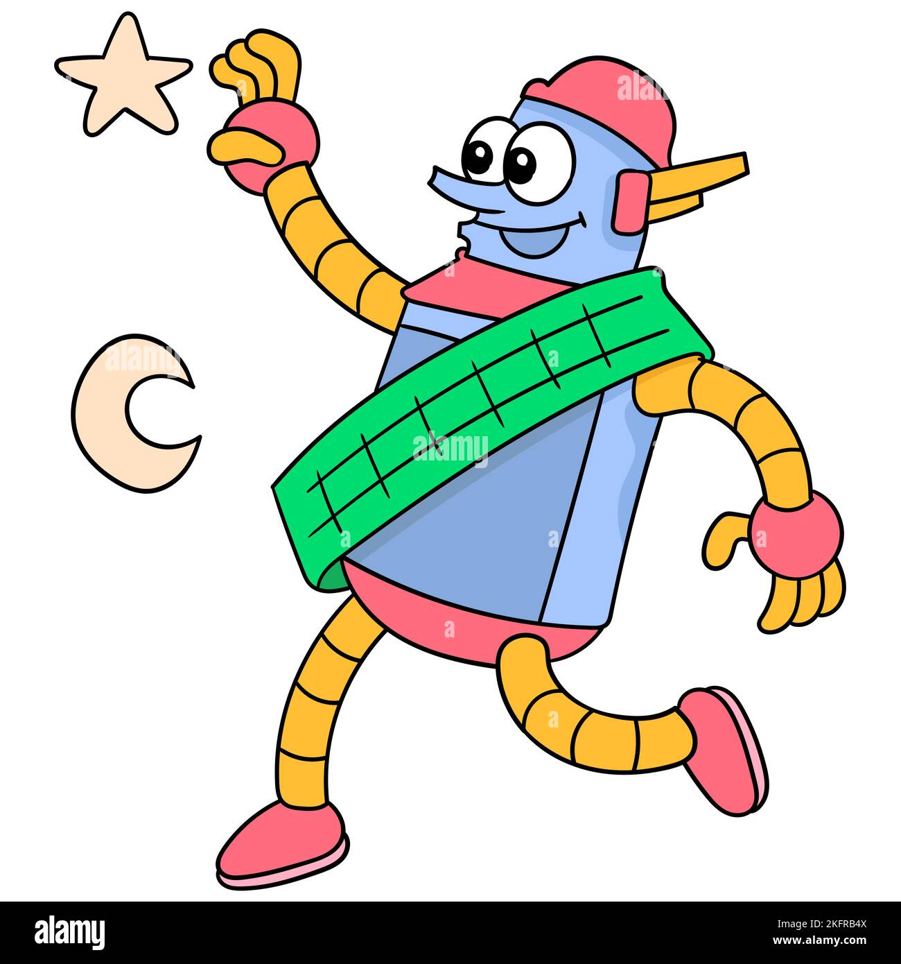 A vector illustration of a cute cartoon robot catching a star Stock ...