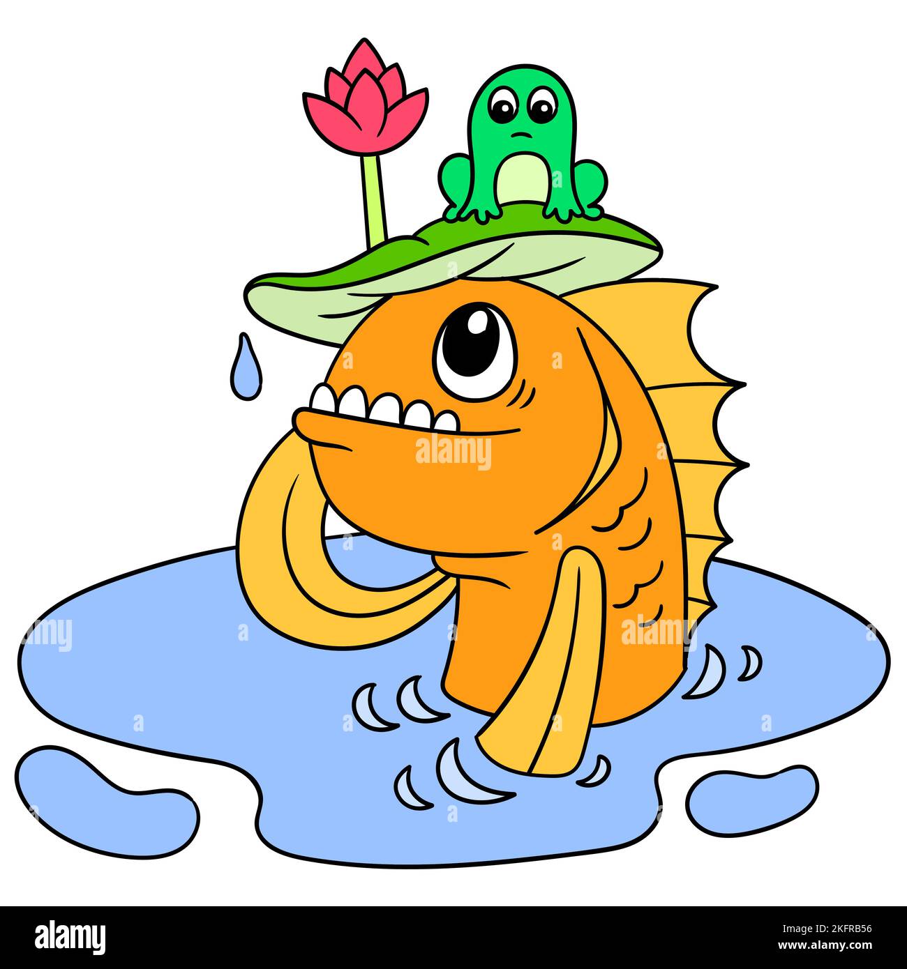 A vector illustration of a cute cartoon fish in a pond with a frog on ...
