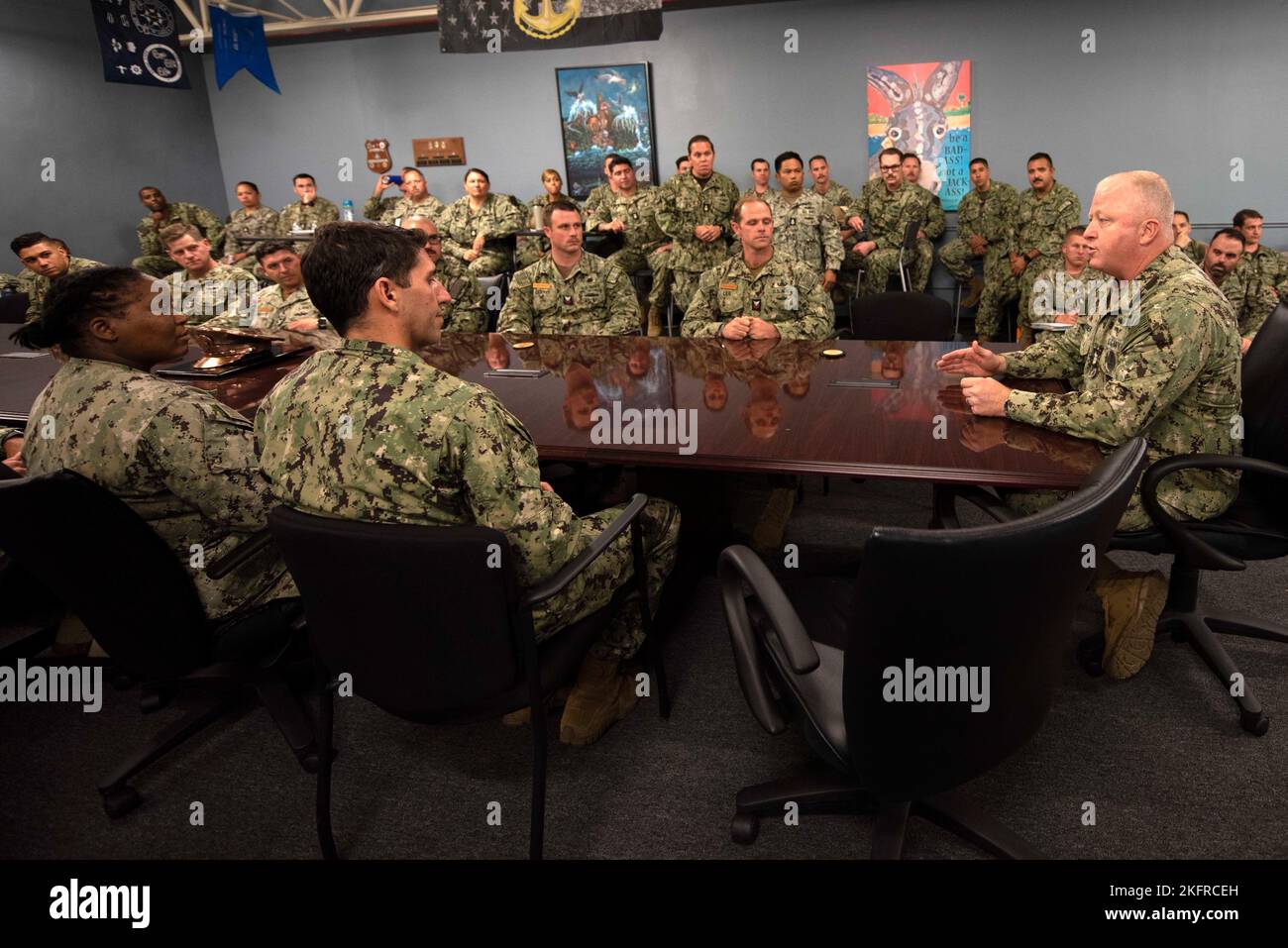 221004-N-UB993-2014 Master Chief Petty Officer of the Navy James Honea speaks with Chief Petty ...