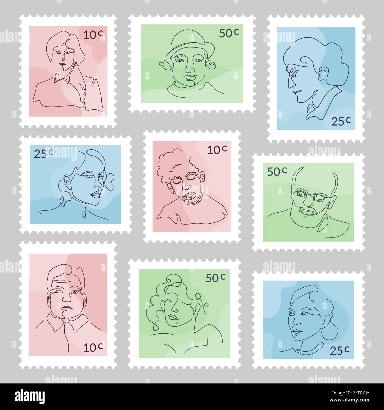 Colorful postage stamp set with hand drawing face Stock Vector Image ...