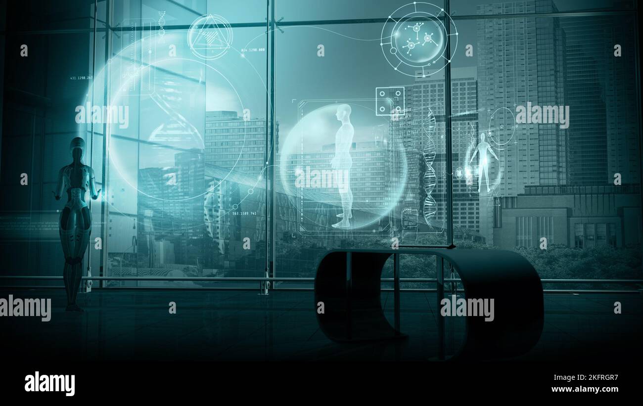 An android examines the data on the structure of the DNA, 3D render ...