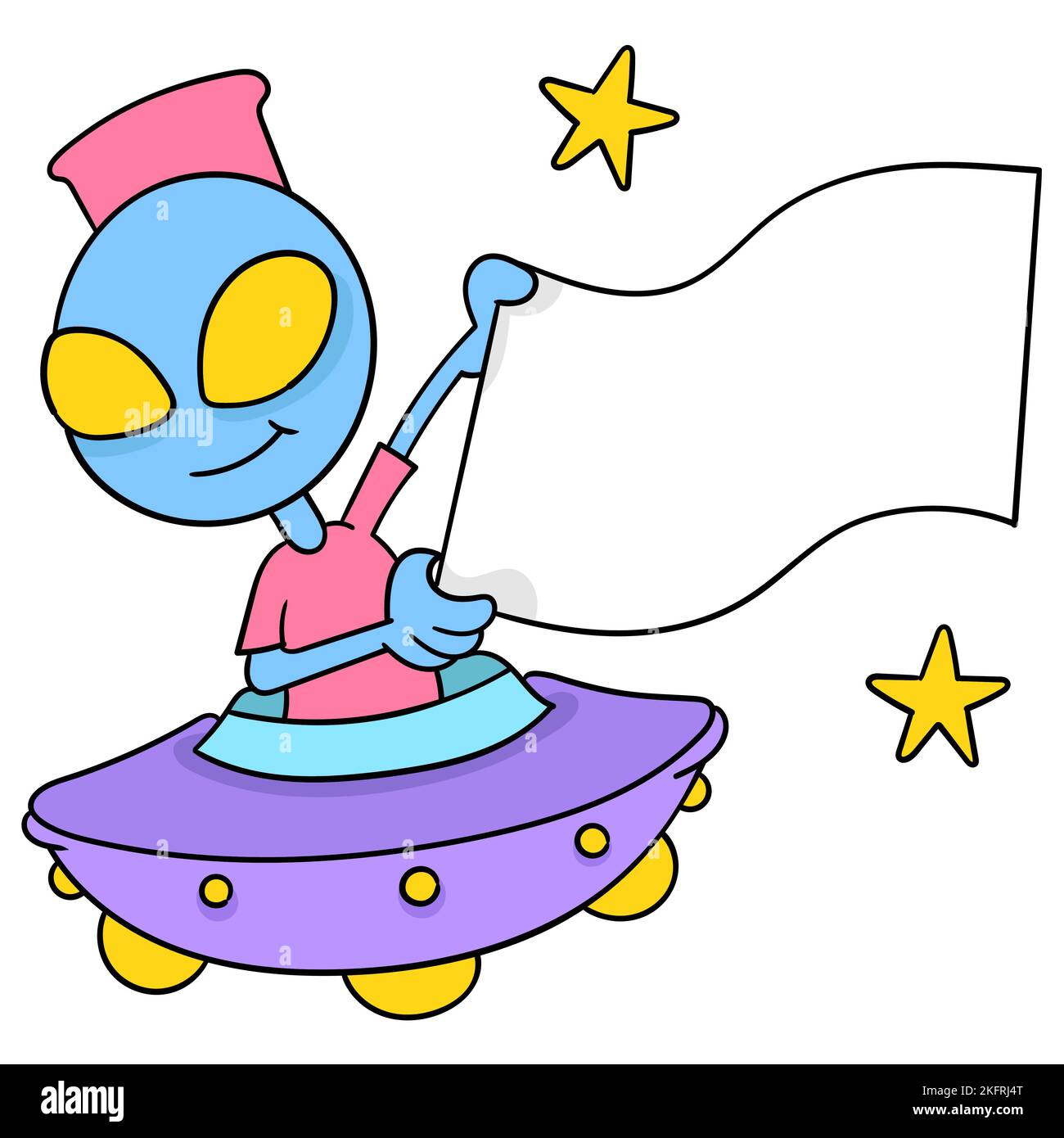 A vector design of a flying alien riding ufo with a blank banner ...