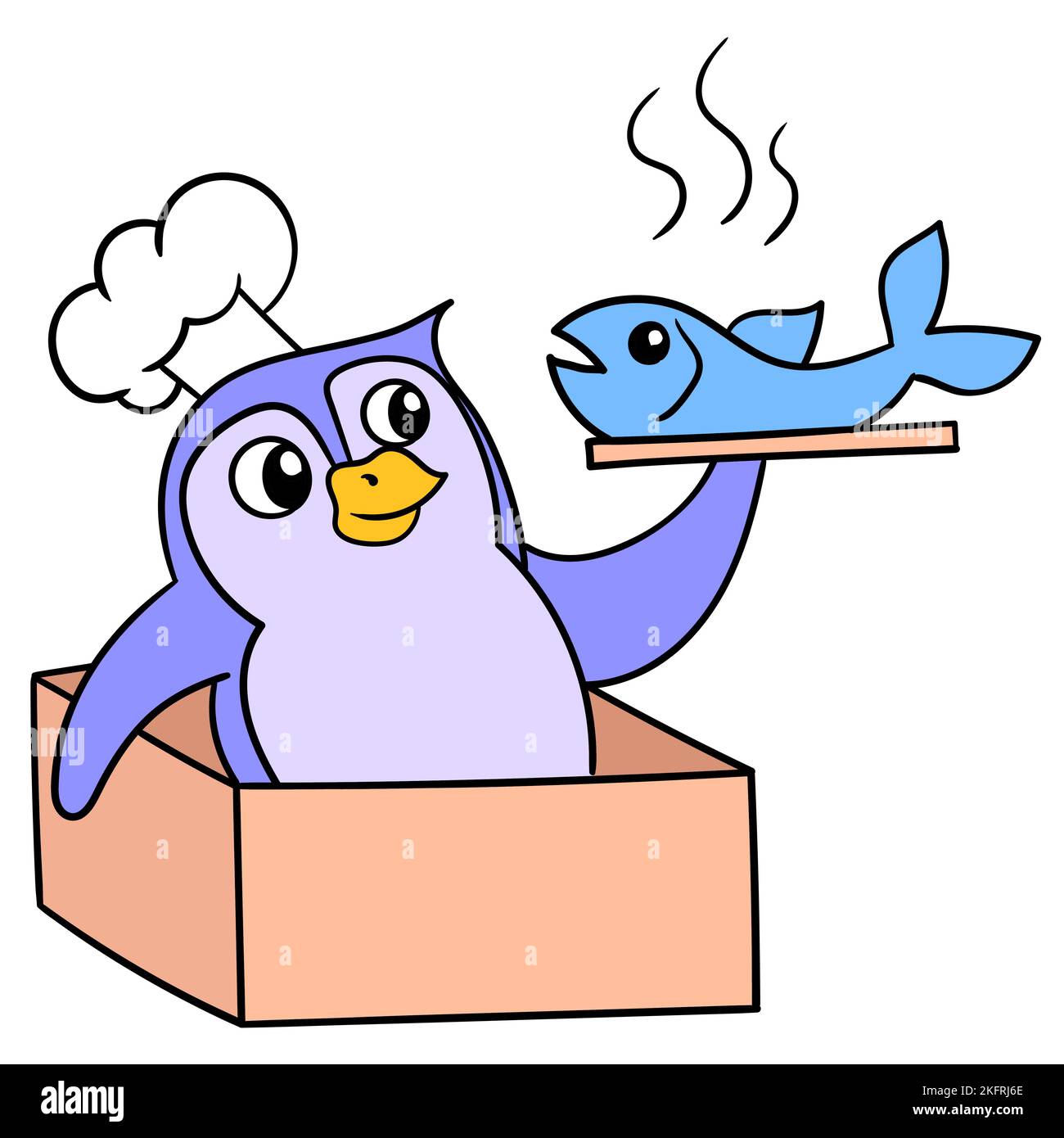 A vector design of a cartoon Penguin comes out of a box carrying a ...