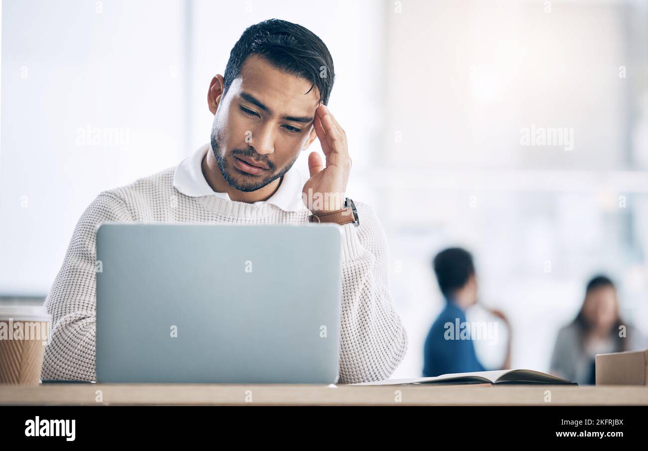 Headache, businessman and laptop, stress and burnout, tech glitch or ...