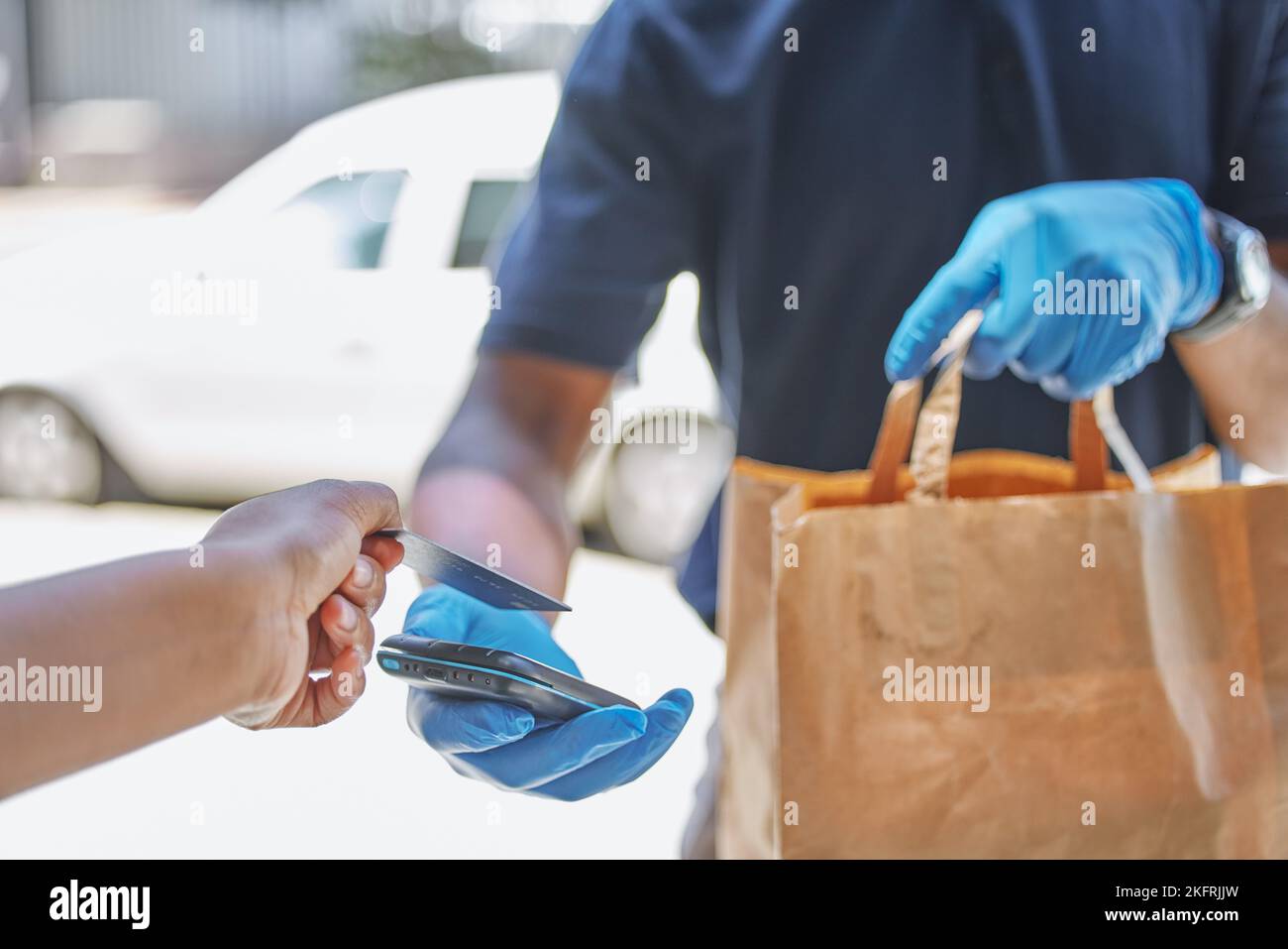 Fast food delivery, card payment and online finance qr code scan of a ...