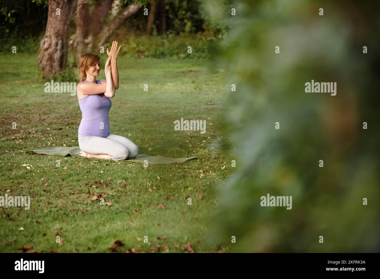 The stress-less workout. an attractive woman doing yoga at the park ...