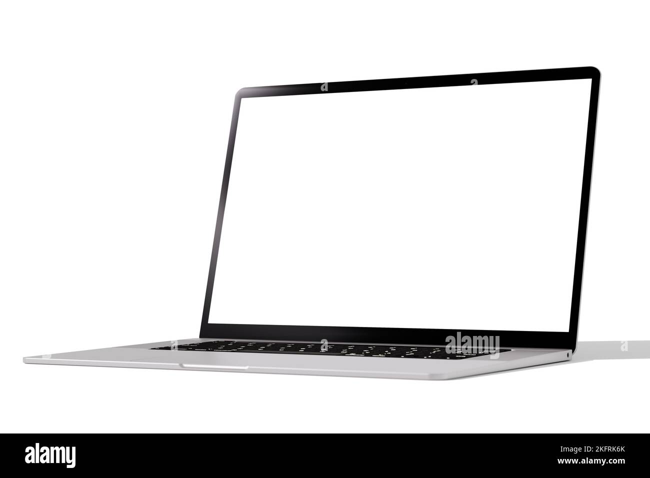 laptop mockup. Laptop in angled position with blank screen isolated on ...