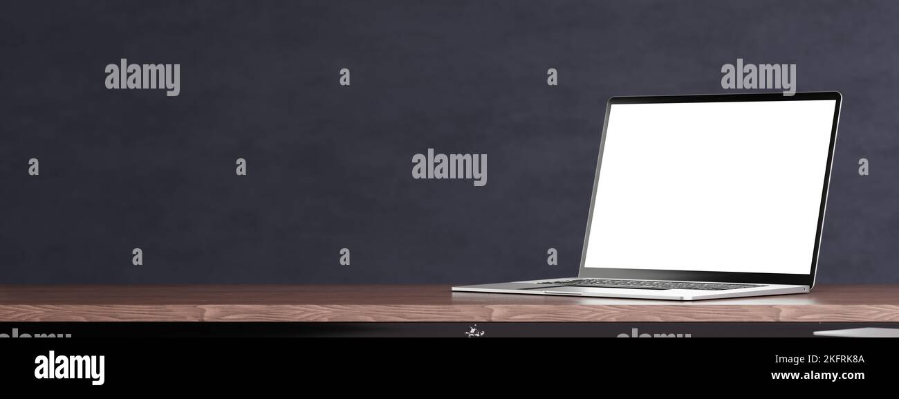 Laptop mockup on table, grey wall background. Laptop with blank white ...
