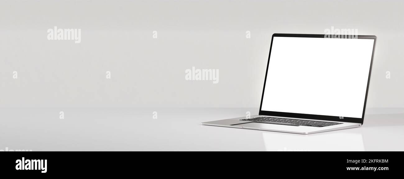 Laptop with blank screen on white table on grey background. Laptop in ...