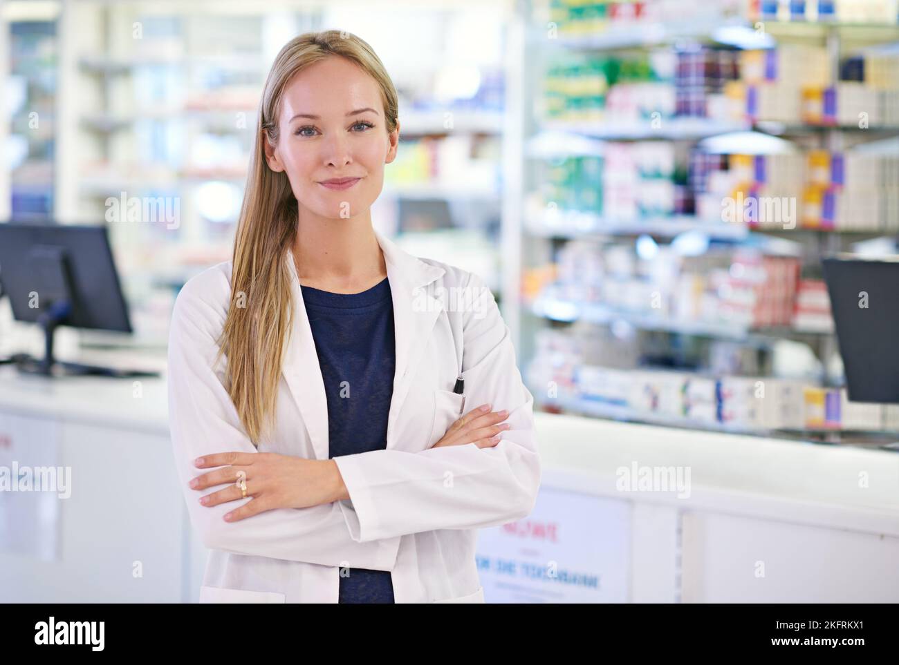 Pharmacy drugstore beautiful caucasian pharmacist hi-res stock ...
