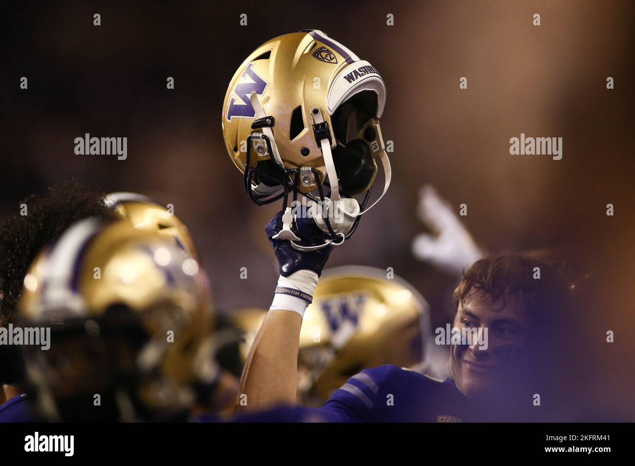 Seattle, WA, USA. 19th Nov, 2022. A Washington Huskies helmet is held ...