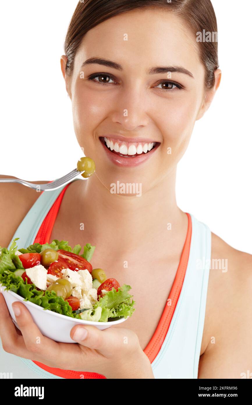 Your health is your real wealth. Woman against white background ready ...