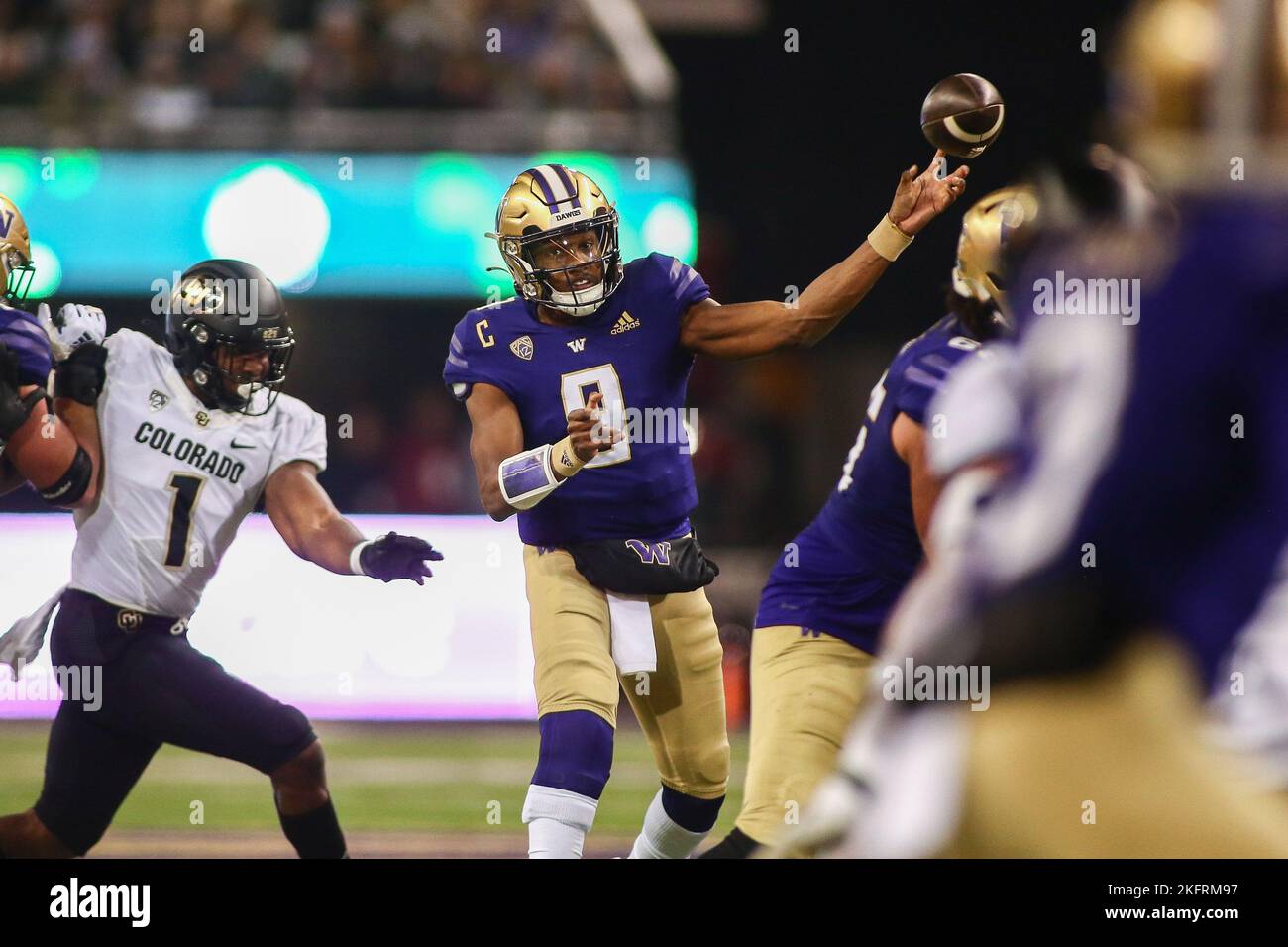Seattle, WA, USA. 19th Nov, 2022. Washington Huskies quarterback Michael Penix Jr (9) passes the ...