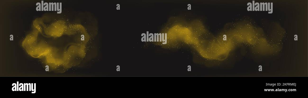 Set of yellow dust clouds isolated on black background. Magic fairy or ...