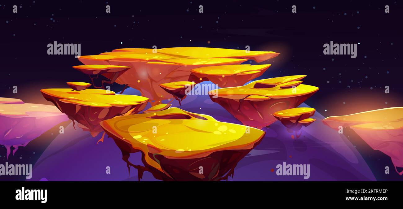 Fantastic floating islands with golden surface in night sky. Game ...