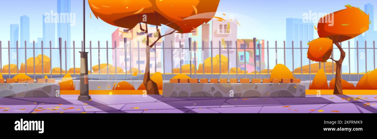 Autumn city street with yellow foliage on trees, benches and metal ...