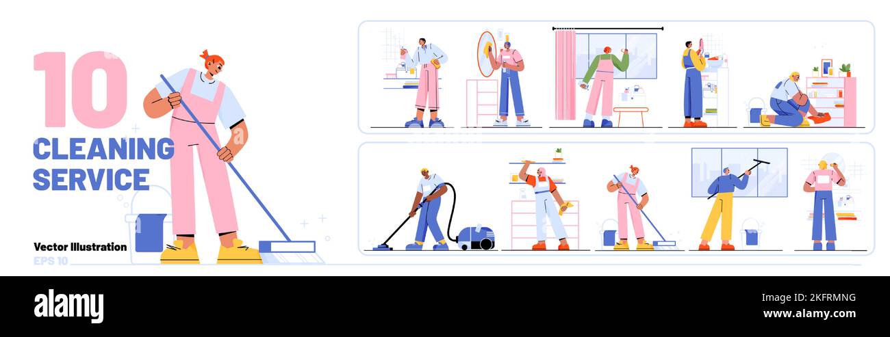 Set cleaning service team work at home or office. Janitors in uniform ...