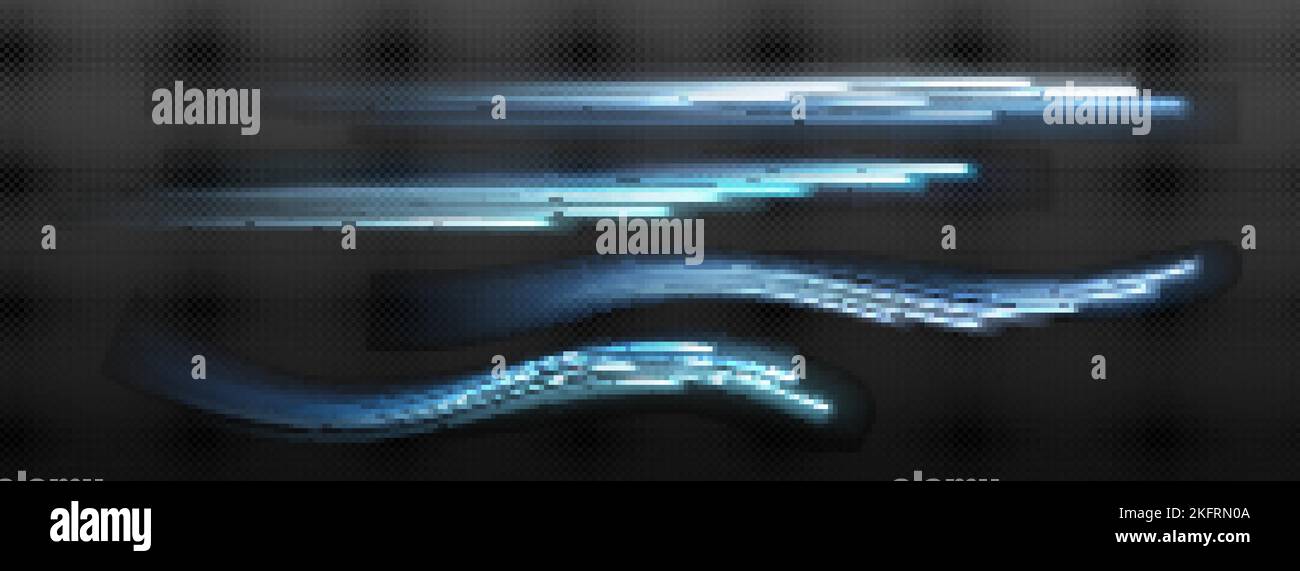 Realistic set of blue neon waves isolated on transparent background. Abstract straight and curvy ...