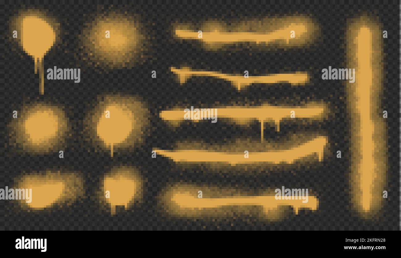 Spray paint drips and lines, golden ink splatters, brush stains with ...