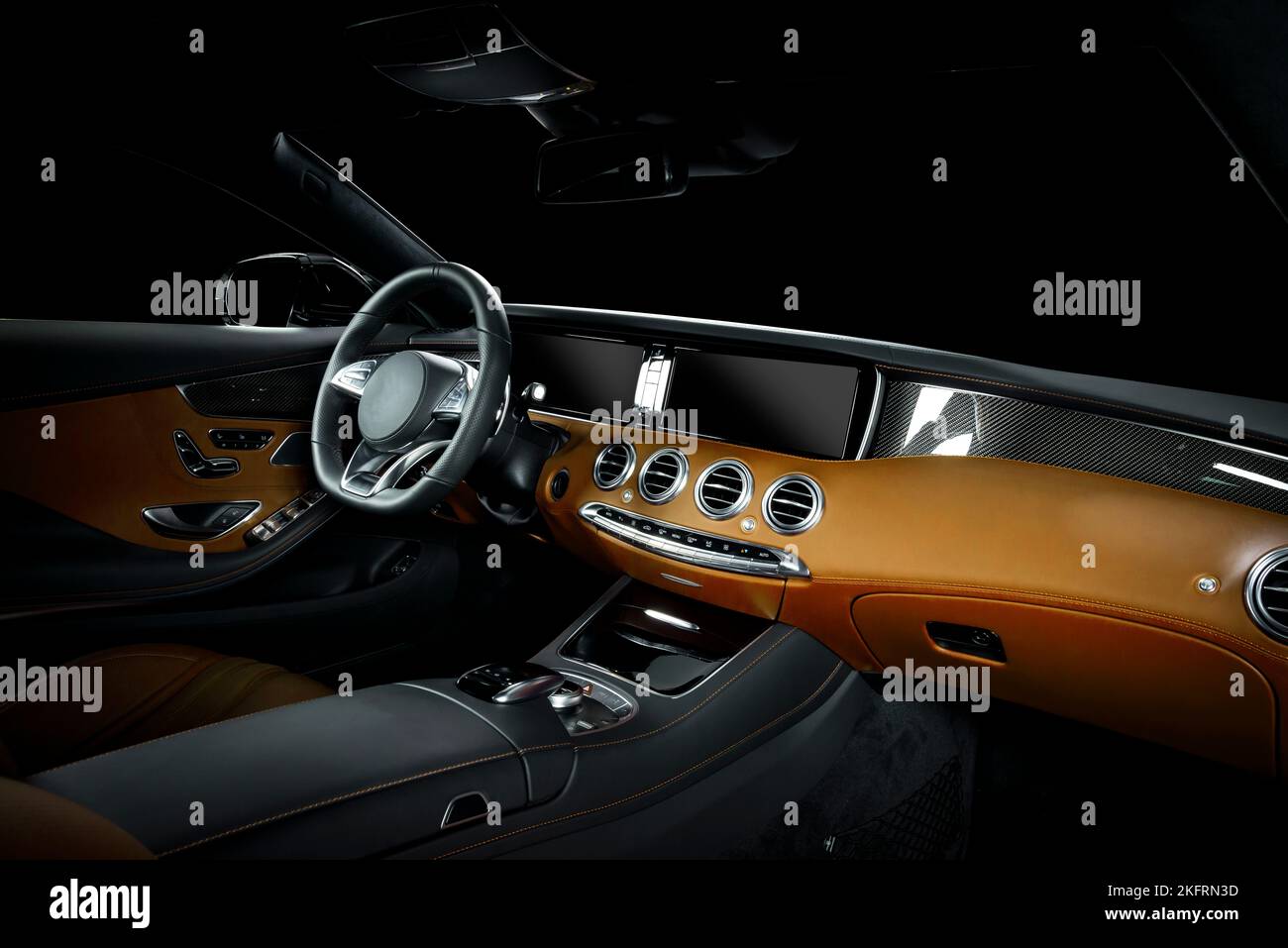 yellow leather interior luxury car inside - steering wheel, shift lever ...