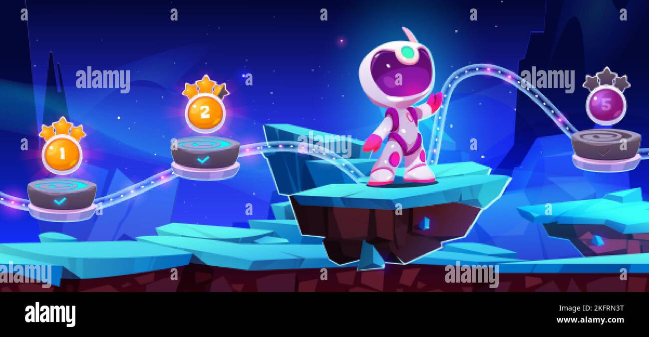 Game level map with alien planet landscape with platforms with spaceman ...