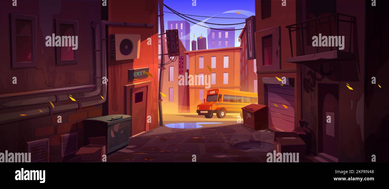 Empty city backstreet with trash containers, yellow school bus driving ...