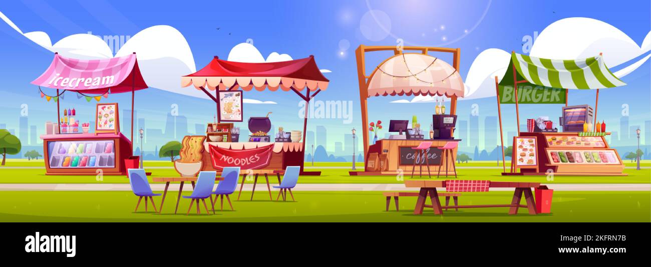 Street food market stalls standing in public park on sunny day. Cartoon ...
