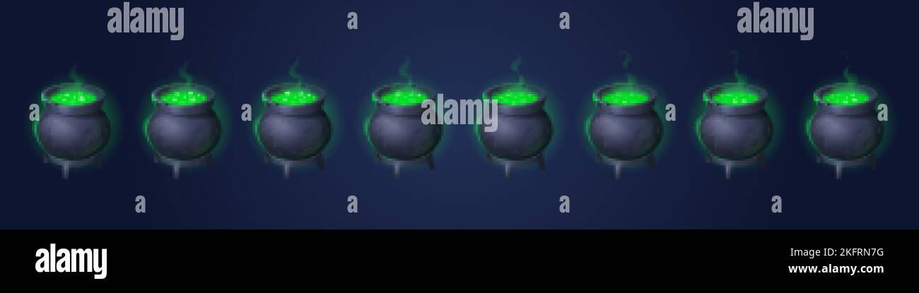 Old witch cauldron animation set. Magic neon green potion boiling in ...