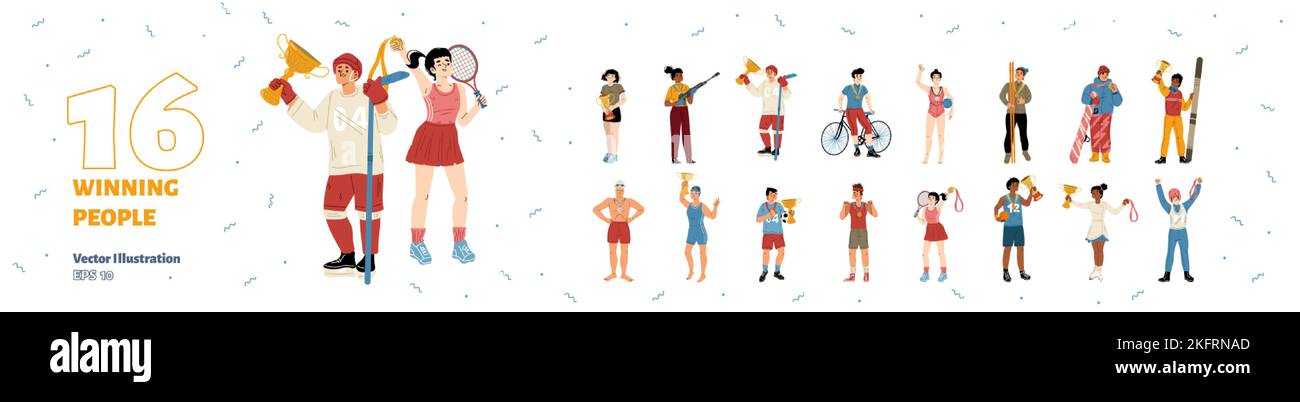 Set of winning people, sportsmen winners and champions. Young smiling ...