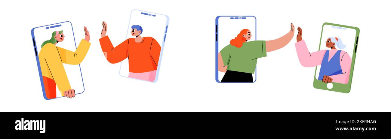 People on phones give high five. Video call or mobile chat conversation ...