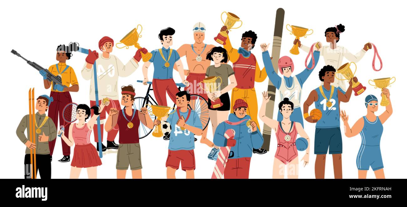 Multiethnic winner athletes with golden cups and medals. Flat vector ...