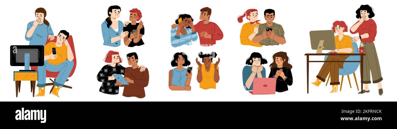 Bad news shock reaction isolated set. Frustrated people with shocked ...