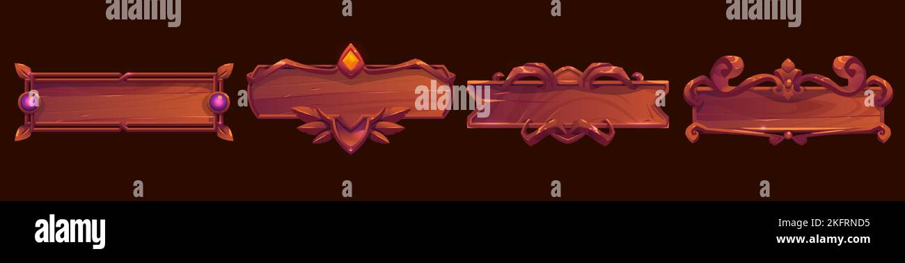 Wooden game banners, medieval ui menu elements, buttons with ornate ...