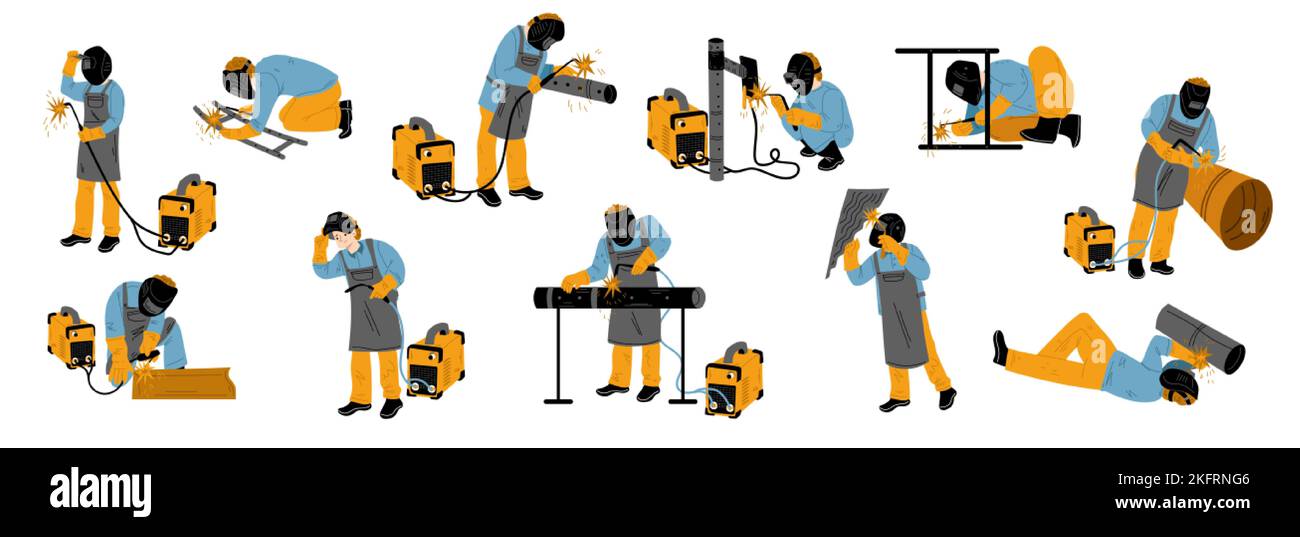 Welder at work, flat vector illustration set. Male characters in ...