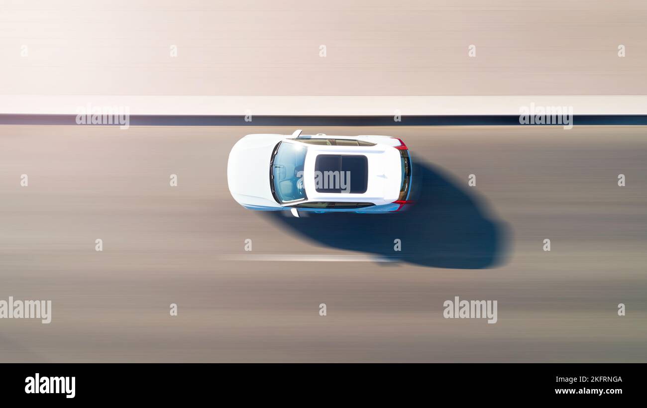 Aerial top down view of the white car moving fast on the road, motion ...
