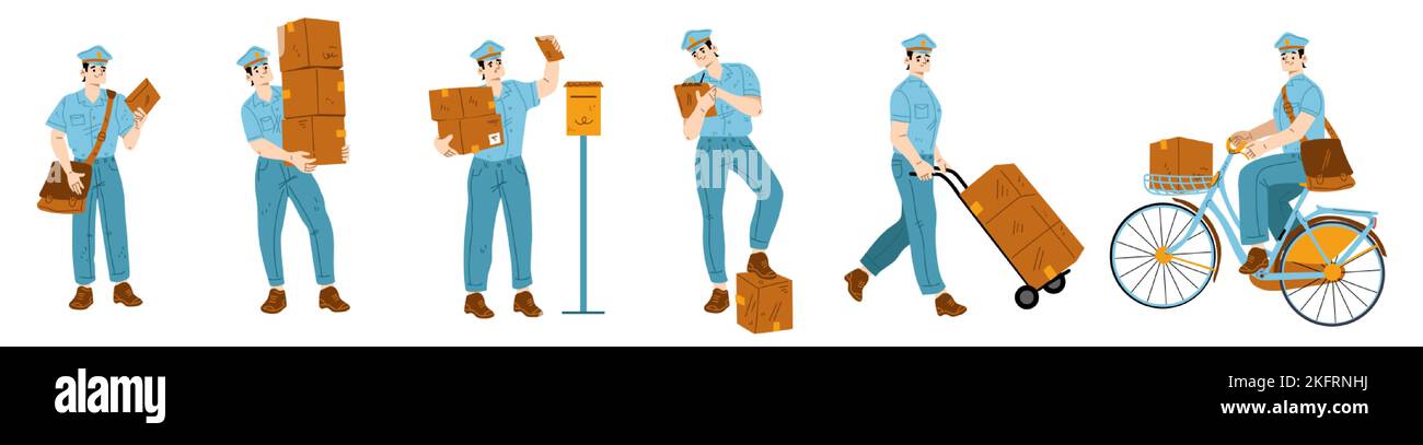 Postman, mailman character with bag and parcel boxes. Post and delivery ...