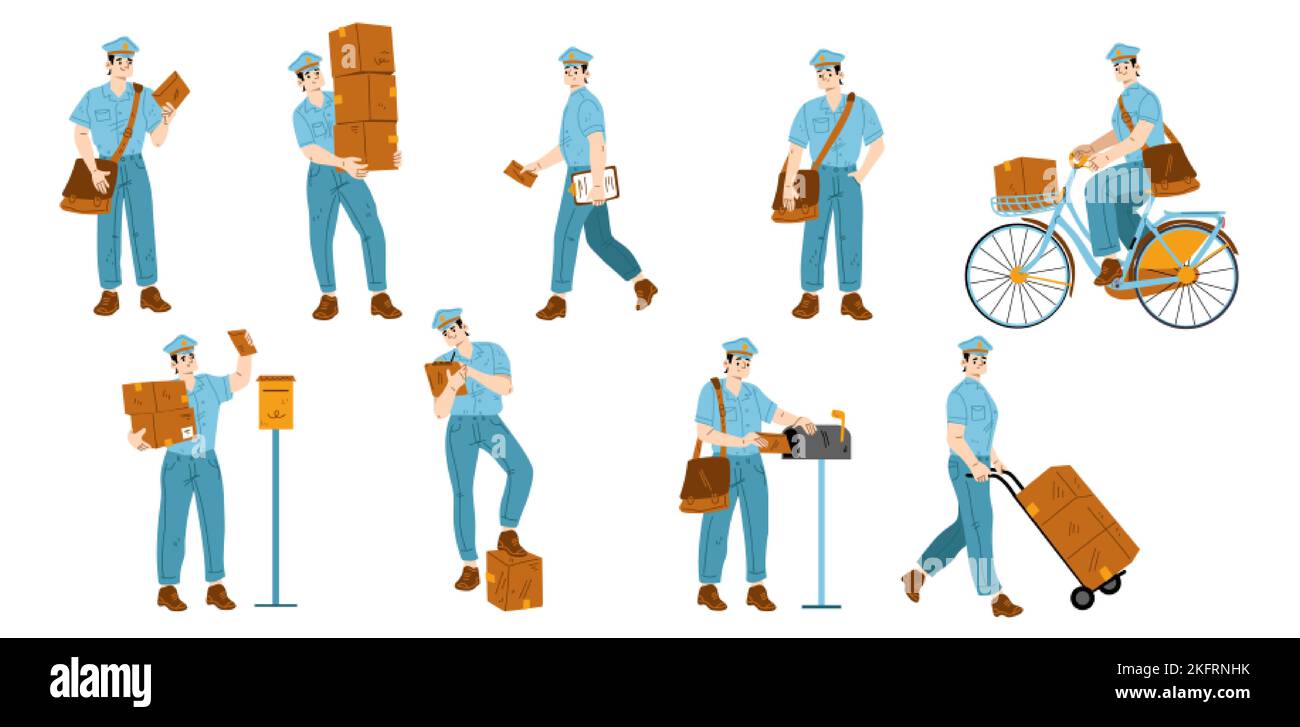 Set of postman characters delivering mail, flat vector illustration on ...