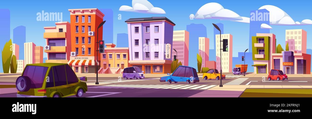 Cars driving at city crossroad on cityscape background with buildings ...