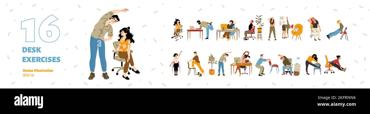Set of office employees exercising, flat vector illustration isolated ...