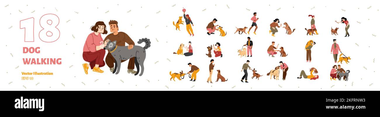 People training dogs, hug and play with puppies. Pet owners walk with ...