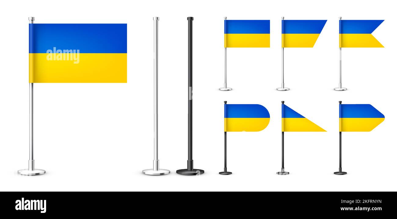 Realistic various Ukrainian table flags on a chrome steel pole ...