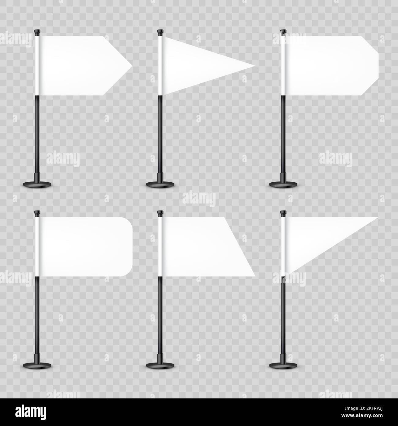 Realistic various table flags on a steel pole. Blank white desk flag ...