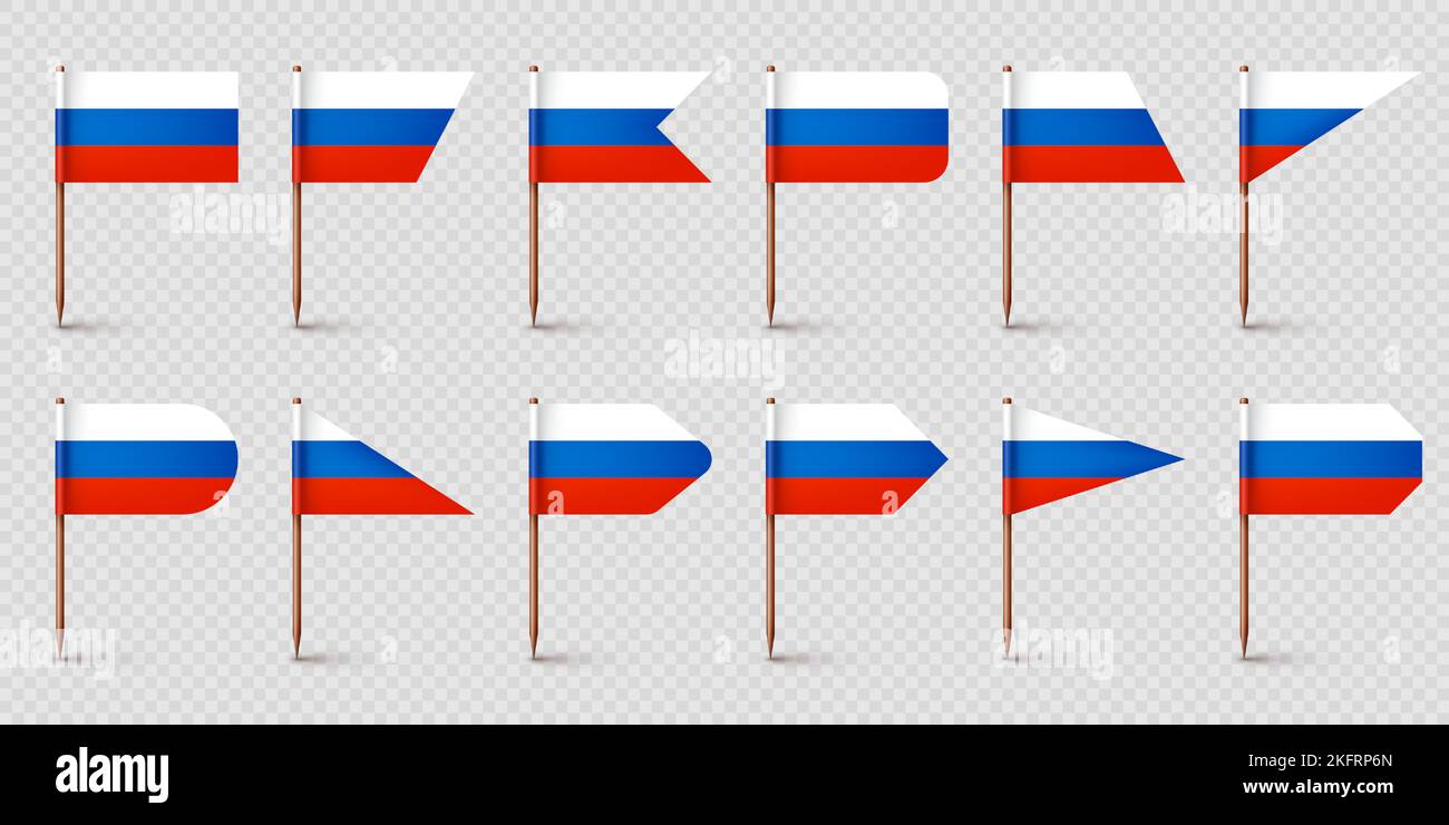 Realistic various Russian toothpick flags. Souvenir from Russia. Wooden ...